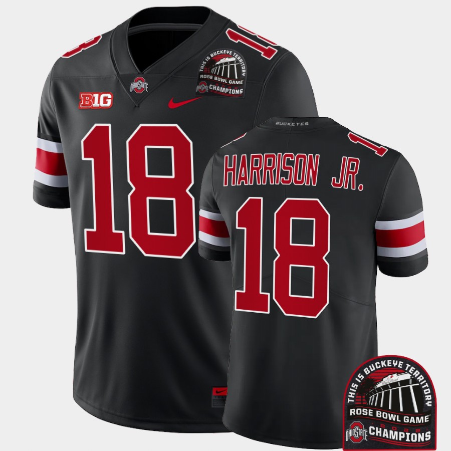 Mens #18 Marvin Harrison Jr. Ohio State Buckeyes Stitched Nike Blackout 2022 Rose Bowl Champions ...